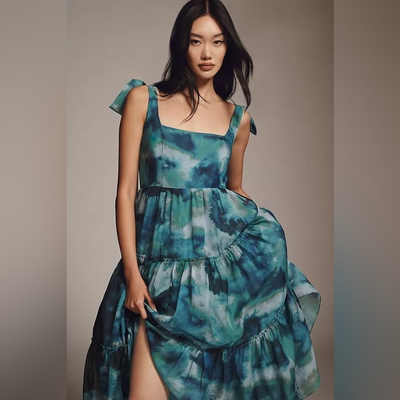 Bhldn Dresses Bhldn Isabella Tiered Square Neck A Line Organza Midi Dress Poshmark